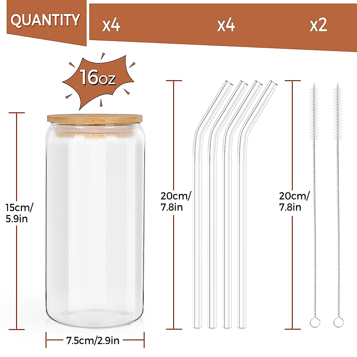 HONFAA 4 Pack Glass Cups with Lids and Straws, 16oz Beer Can Shaped Drinking Glasses, Iced Coffee Glass Tumbler,Cute Cups for Whiskey, Soda, Tea, Water