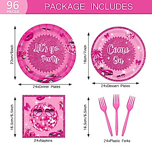 96 Pcs Let's Go Party Pink Plates and Napkins Party Supplies Kids Girls Bachelorette Bridal Shower Hot Pink Princess Happy Birthday Tableware Set Disco Table Decorations Favors Serves 24 Guests