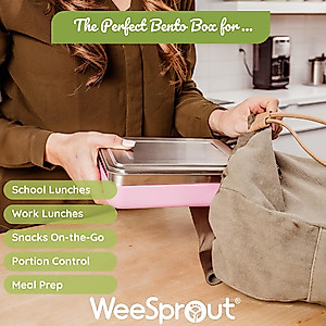 WeeSprout 18/8 Stainless Steel Bento Box (Large) - 3 Compartment Metal Lunch Box, Skid-proof Silicone, for Kids & Adults, Bonus Dip Container, Fits in Lunch & Work Bags, Dishwasher & Freezer Friendly