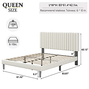 HAOARA Queen Size Platform Bed Frame with Velvet Upholstered Headboard, Queen Bed Frame with Strong Wood Slats, Box Spring Optional, Mattress Foundation, Easy Assembly Beige