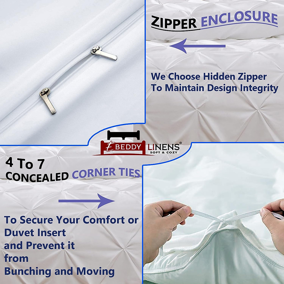 eBeddy Linens Premium Pinch Pleated Duvet Cover Set 800-TC King/Cal-King Size 104x90 Inch Pure Egyptian Cotton Soft 3 Pieces Set Zipper Closure & Corner Ties, Pintuck Silver Grey