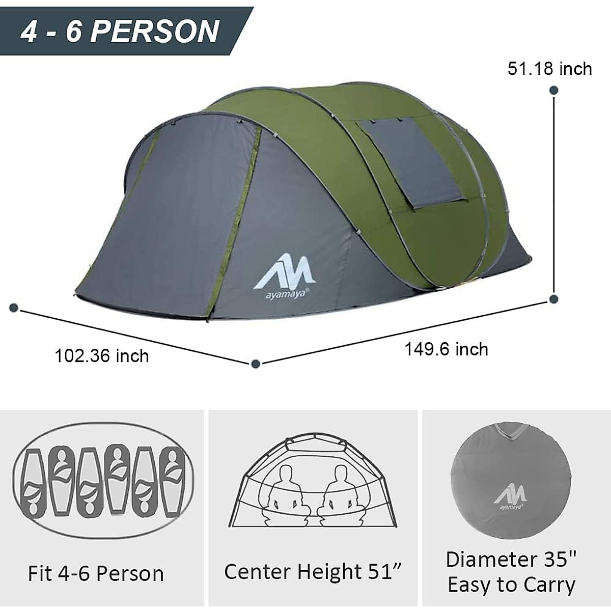 6 Person Easy Pop Up Tents for Camping - AYAMAYA Double Layer Waterproof Instant Tent with Vestibule & Porch, Large Size Family Automatic Setup 4-6 People Hiking (Poles Included)