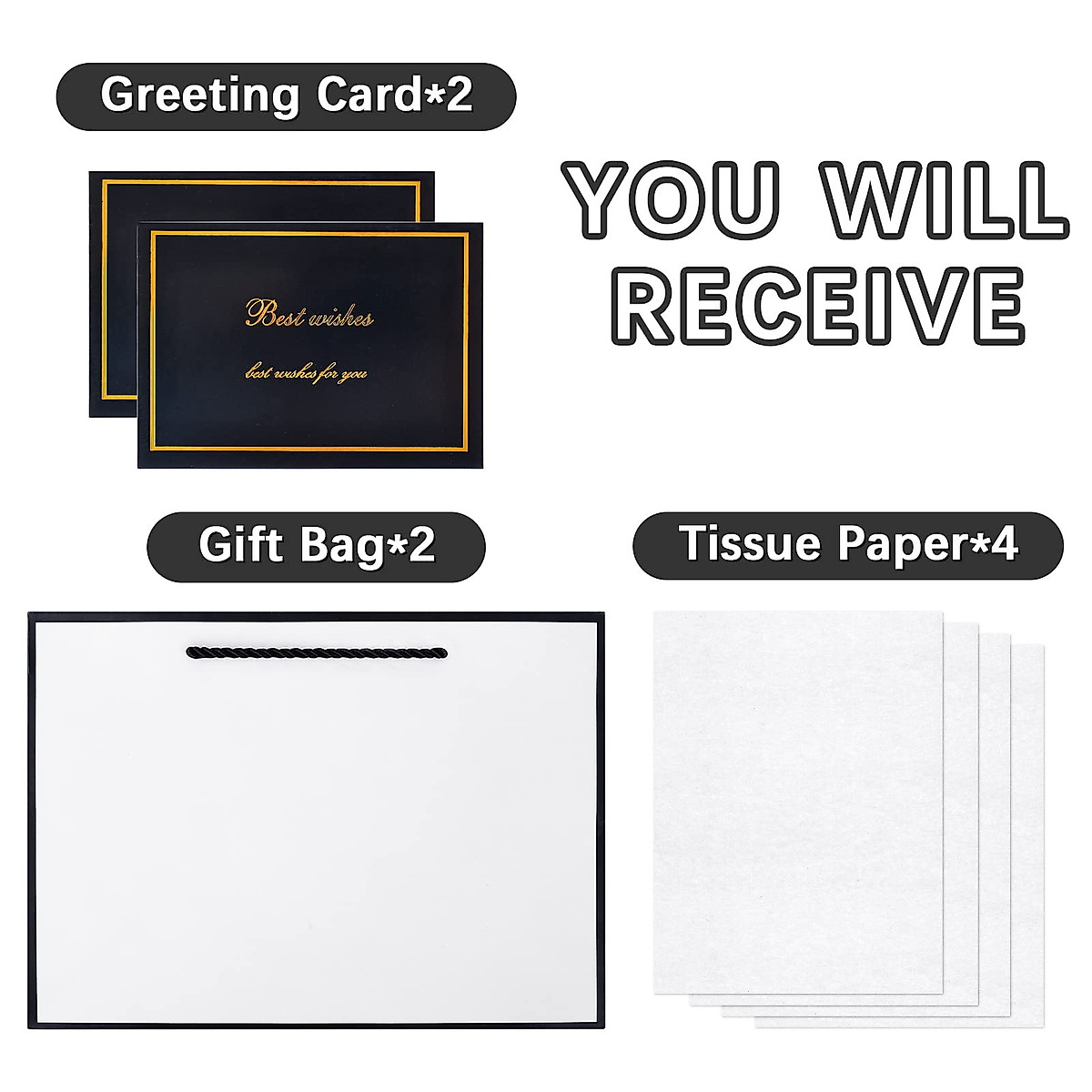 JMANNI Gift Bags, Medium Gift Bags with Tissue Paper, 2Pcs Gift Bags Medium Size with Handle and Bow Ribbon for Any Birthday, Weddings, Mothers Day & Special Occasion 11''x7.87''x4'' (Black-White)