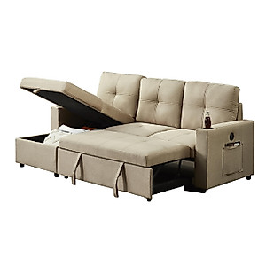 Bonrcea Pull Out Sleeper Sofa,L-Shaped Reversible Sleeper Sectional Sofa Bed with Storage Chaise for Living Room (Light.Brown)