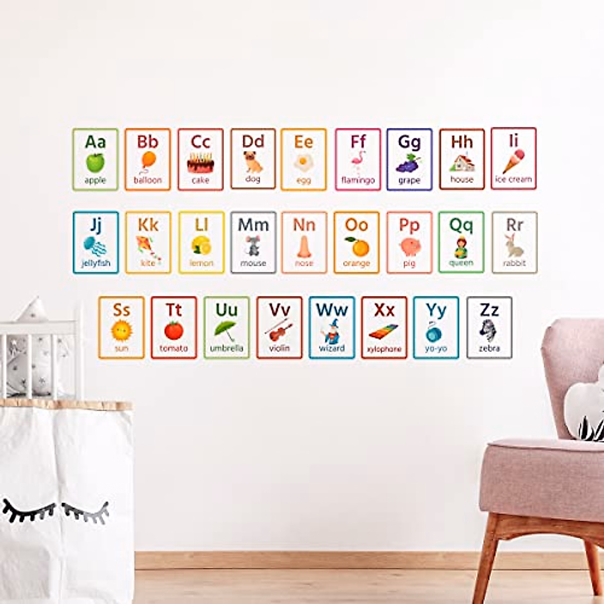 Alphabet Wall Decals Fruits Letter Wall Stickers Animals Alphabet ABC Kids Wall Stickers Peel and Stick Removable Wall Stickers for Kids Nursery Bedroom Living Room Décor