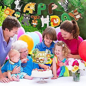 2 Pieces Safari Animals Happy Birthday Banner Cupcake Topper Jungle Theme Birthday Supplies, Safari Birthday Decorations Safari Baby Shower Decorations for Two Wild Theme Party Birthday Party Supplies