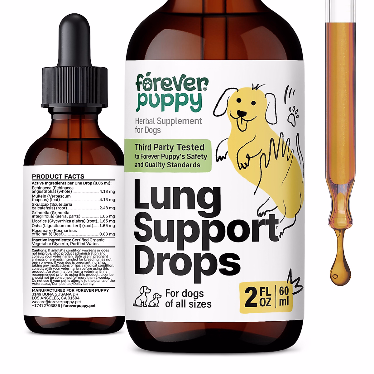 Lung Support Drops for Dogs - Respiratory Support Supplement for Dogs w/Mullein Leaf - Herbal Dog Respiratory Health Drops - Dog Vitamins for Lungs w/Mullein Extract & Echinacea - 2 oz