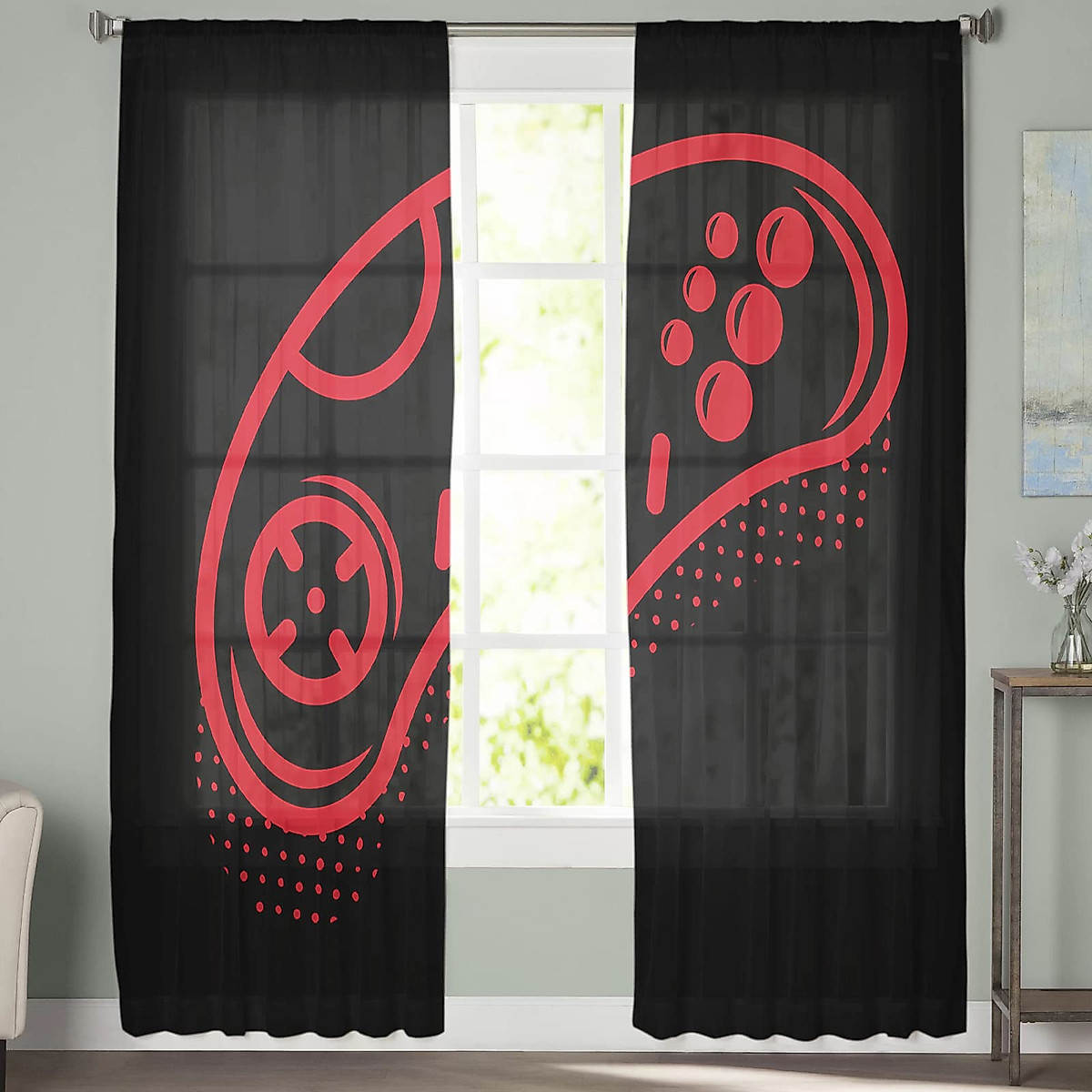 Video Game Window Semi Sheer Curtains for Bedroom Living Room, Red Gamepad Games Controller Gamer Black Rod Pocket Chiffon Voile Sheer Drapes Curtain 63 Inch Length 2 Panels Set