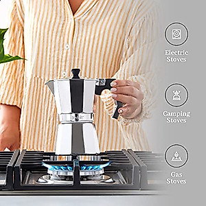JoyJolt Italian Moka Pot 6 Cup Stovetop Espresso Maker. Aluminum Coffee Percolator Coffee Pot With Heat Resistant Handles! Portable Espresso Maker Camping Coffee Pot, Stove Top Cafetera