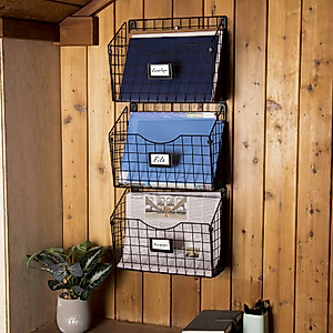 Hanging Metal Wire Storage Basket - X-cosrack 3 Tier Office Wall File Organizer With Hook & Foldable Magazine Mail Document Rack & Bathroom Kitchen Vegetable Fruit Spice Baskets Organizing and Storage