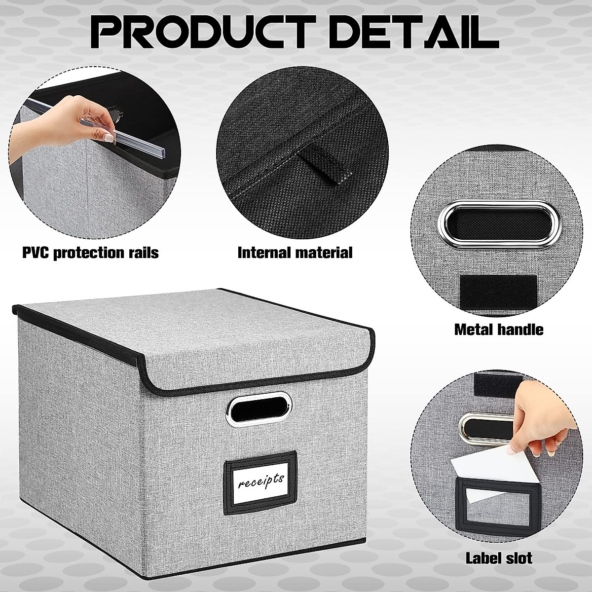 Patelai File Organizer Boxes Set of 6, Collapsible Linen Filing Cabinets Hanging File Folder Storage Boxes with Lid and PVC Sliding Rail Portable Letter Legal Document Organizer Bins for Office Home