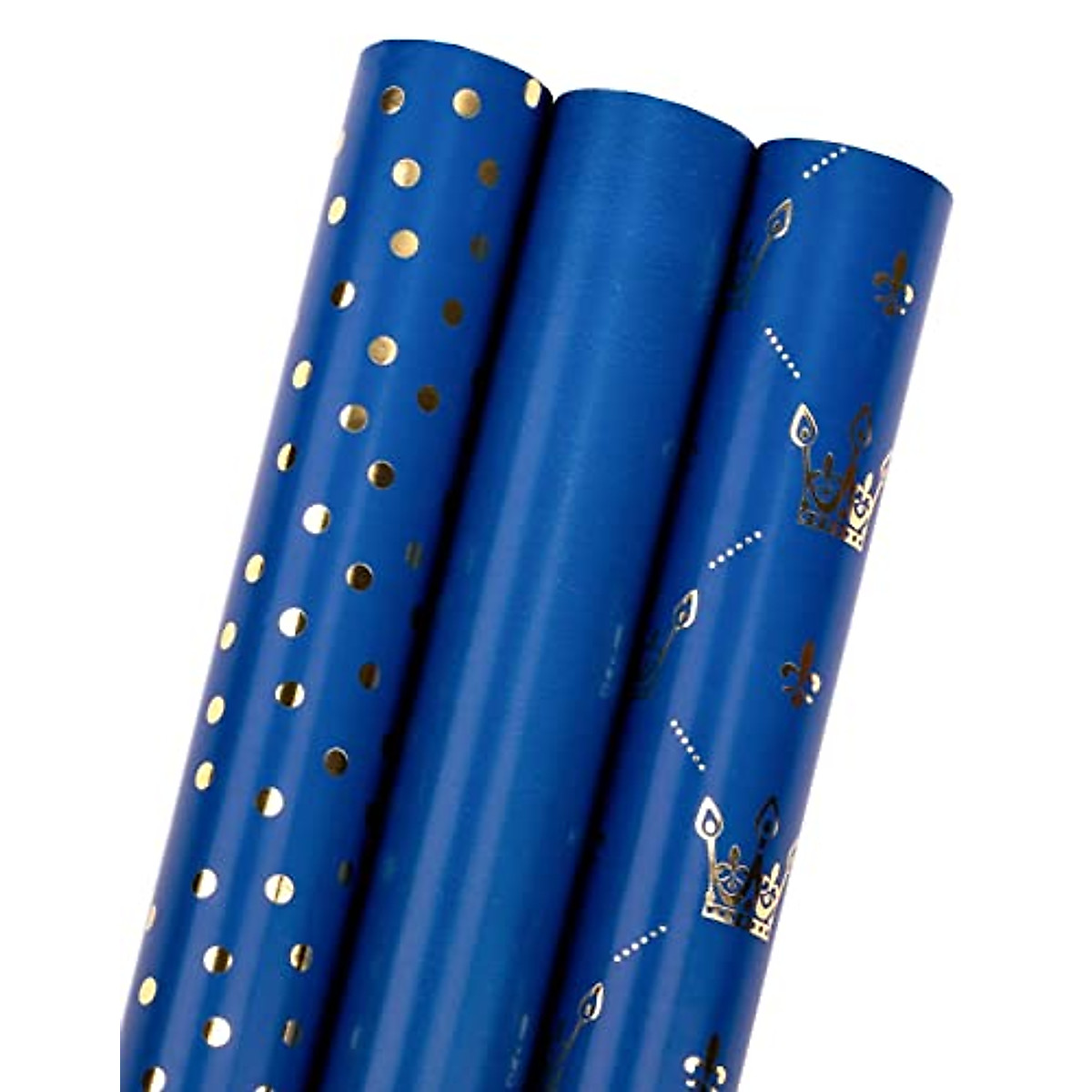 MAYPLUSS Wrapping Paper Set - Mini Roll with Bow & Ribbon & Gift Tags & Stickers - 17 inch X 120 inch Per roll - Royal Blue Design (42.3 sq.ft.TTL)