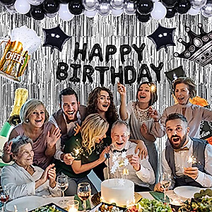 Black and Silver Happy Birthday Party Decorations for Men Women Boys Girls Him Her with 94pcs Black White Silver Balloons Black Happy Birthday Banner Foil Balloons Fringe Curtains Crown Beer Balloons
