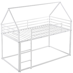 Bunk Bed Twin Over Twin Junior Metal Floor Bunk Bed with Ladder, House Shaped Bunk Bed Frame for Kids Boys Girls, No Box Spring Needed