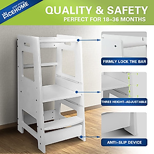 ACEHOME Toddler Kitchen Stool, Toddler Tower with Safety Rail, Toddler Stool for Kitchen Counter, Adjustable Height Little Helper Tower, Kitchen Stool for Toddlers 18 Months and Older, White