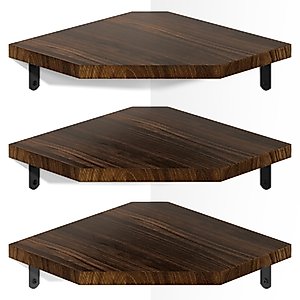 Alsonerbay Corner Shelf Wall Mount, Set of 3 Floating Corner Shelves with Cord Hole, Rustic Wood Shelves for TV, Speaker, Cable Box, Game Console for Bedroom, Kitchen, Living Room Carbonized Black