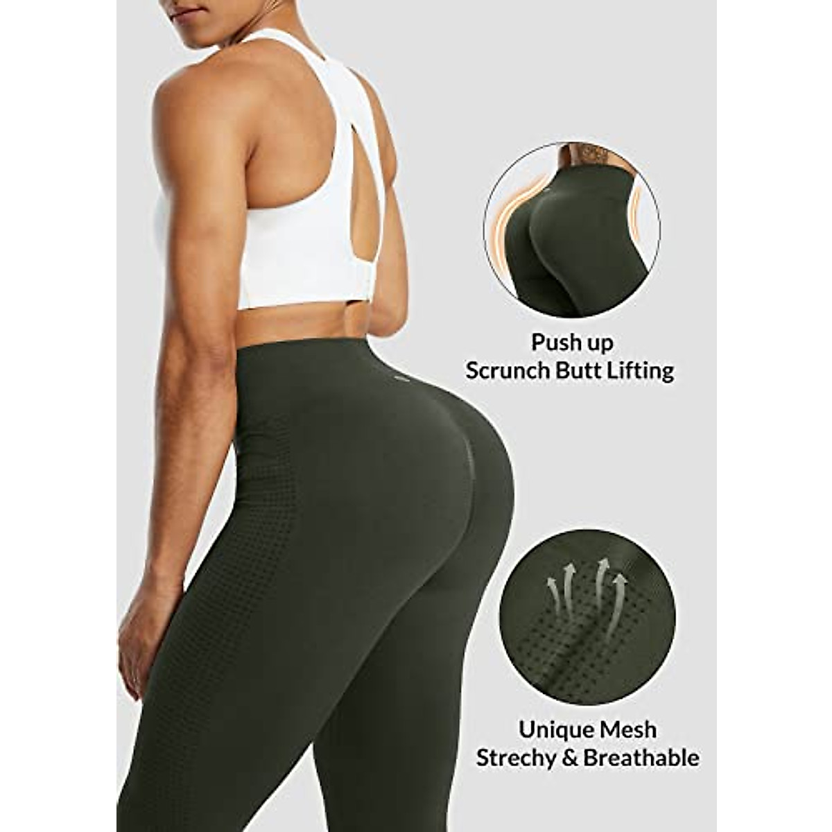 baleaf Seamless Workout Leggings for Women Scrunch Butt Lifting Workout Leggings Yoga Pants, High Waisted Tummy Control Fitness Active Army Green S