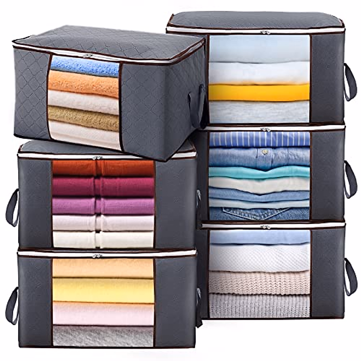 6-Pack Clothes Organizer Storage Bag, 49L Foldable Storage Bins Closet Storage Containers with Clear Window and Reinforced Handles for Dorm, Blanket, Pillows, Bedding, Sweaters, Coats, Stuffed Toys