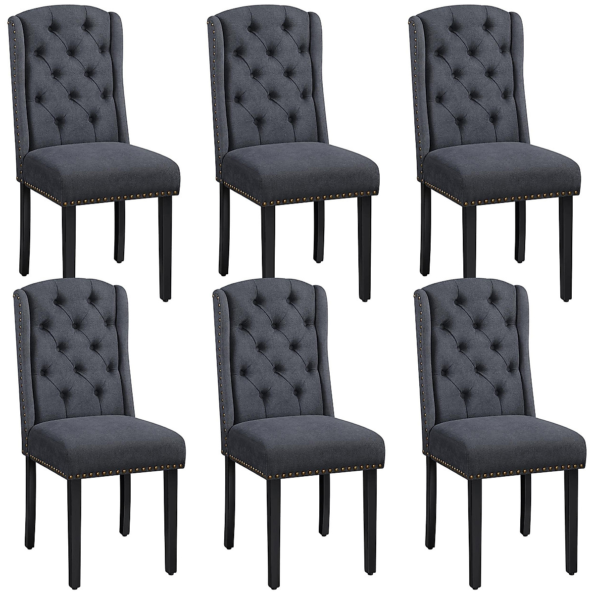 Yaheetech Dining Chairs Upholstered Fabric Chairs Tufted Kitchen Chairs with Solid Wood Legs, Nailhead Trims and Wing Design for Dining Room Kitchen and Restaurant, Set of 6, Gray