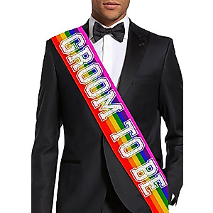 Gay Groom Bachelor Party Supplies - Silver Sparkle Sporty Groom To Be PREMIUM GRADE Rainbow Satin Sash - LQBTQ+ Pride Month Decorations - Rainbow Sash (GRM) RBW