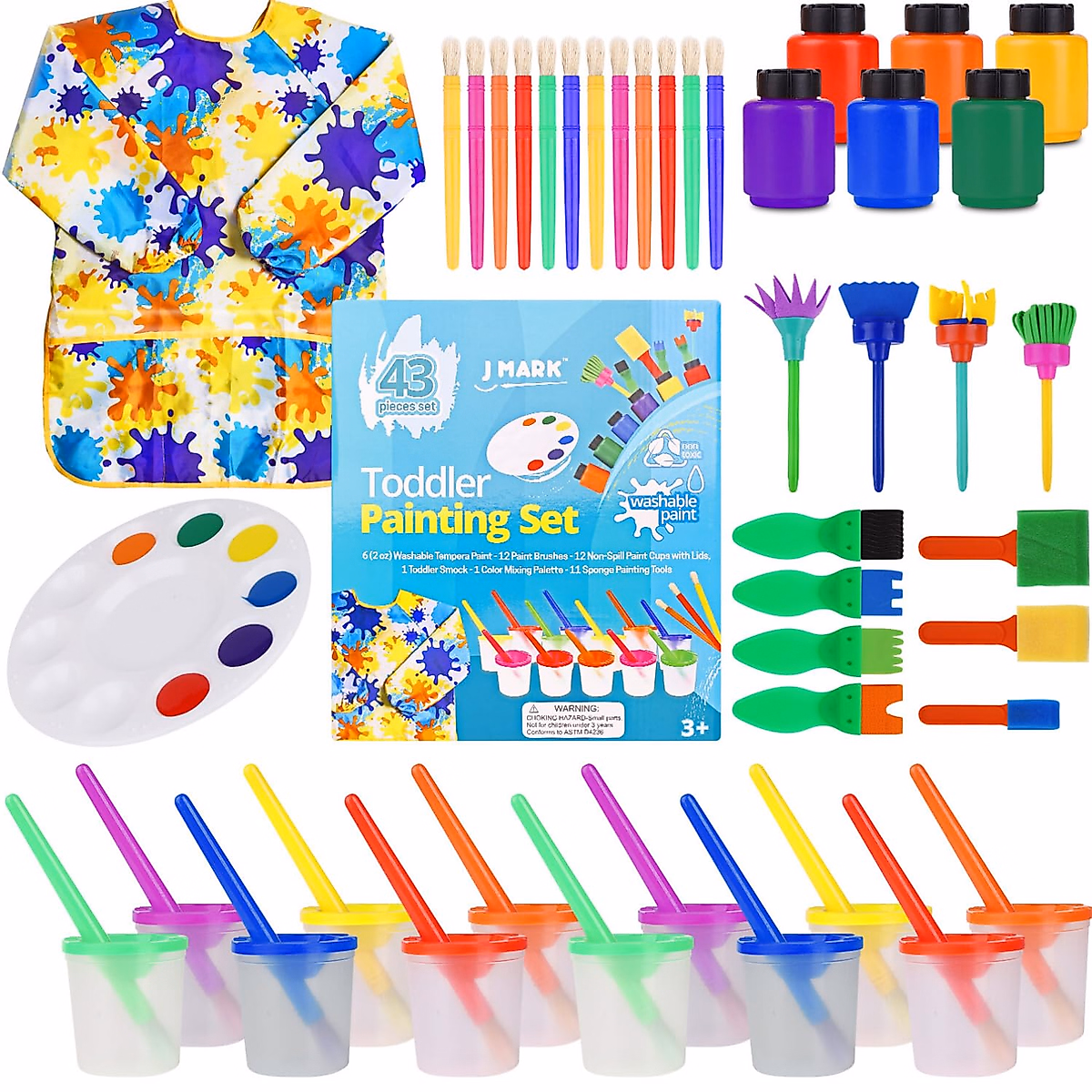 J MARK 43 Piece Toddler Painting Set – Spill Proof Paint Cups for Kids, Washable Kids Paint, Painting Tools, Kids and Toddler Paint Set with Art Smock and More