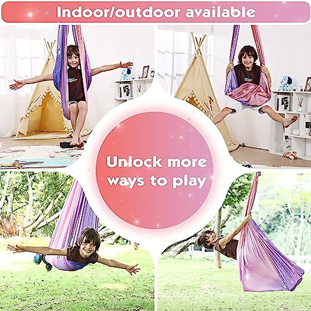 Sensory Swing Indoor/Outdoor for Kids & Adults with Cartoon Fabric, Double Layer, Holds 300 lbs (Pink) - 360 Swivel Ceiling Swing
