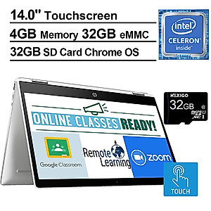 HP 2021 Chromebook 14 Inch Touchscreen 2-in-1 Laptop with Webcam, Intel Celeron N4000 up to 2.6 GHz, 4GB RAM, 32GB eMMC, Bluetooth, USB Type-C, Chrome OS + NexiGo 32GB MicroSD Card Bundle