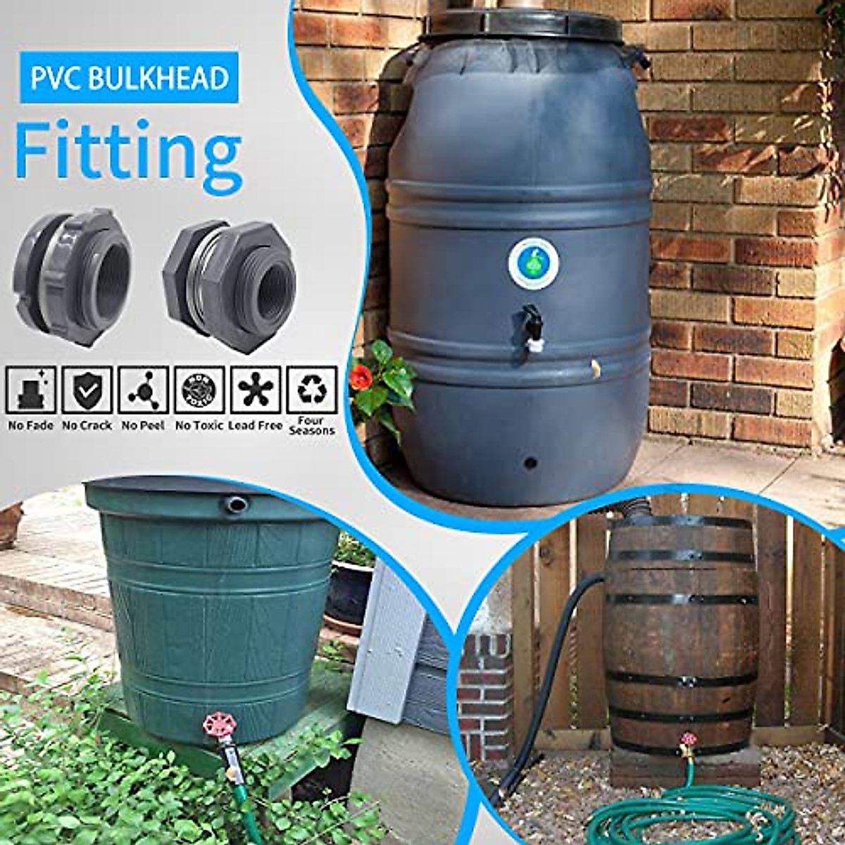 Horiznext NPT3/4 PVC Bulkhead Fitting, Plastic Pipe Connector for rain Barrel Garden Hose Adapter Spigot kit Water Tank Gallon Drain Bucket (pack of 4 pcs)