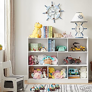 3-Tier Bookshelf, 8-Section Wooden Bookcase, Storage Organizer with Anti-Tilt Device, Modern Storage Display Cabinet for Living Room, Classroom, Kid’s Room (White)