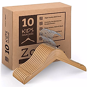 High-Grade Wooden Childrens/Kids Hangers (10 Pack) Smooth & Durable Wood Baby Hangers/Nursery Hangers - 12.5 Inch - Space Saving, 360° Hook & Cut Notches- Great Toddler Hanger for Dress Skirts Pants