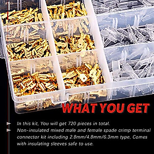 Hilitchi 720Pcs Gold Quick Splice Male and Female Wire Spade Connector Wire Crimp Terminal Block with Insulating Sleeve for Electrical Wiring Car Audio Speaker, 2.8mm 4.8mm 6.3mm Assortment Kit