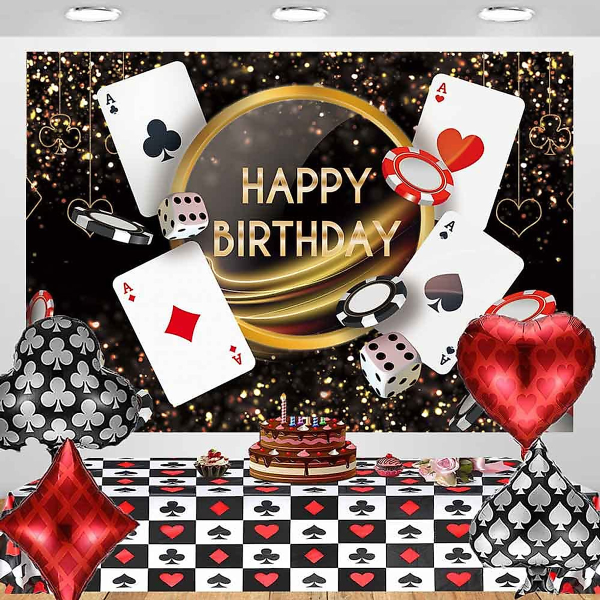 Sensfun Casino Birthday Backdrop Las Vegas Casino Night Happy Birthday Photography Background Dice Poker Birthday Party Banner Decorations Photoshoot Prop Vinyl 7x5ft