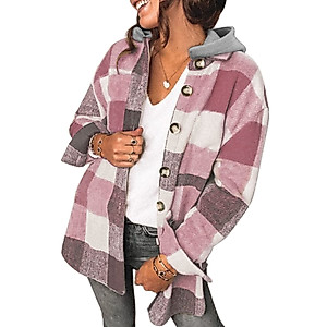 SHEWIN Womens Casual Plaid Hooded Flannel Shirts Casual Fall Long Sleeve Button Up Shacket Jacket Coat Tops with Pockets,US 12-14(L),Rose
