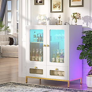 Sideboard Buffet Cabinet with Storage, Wine Bar Cabinet with Power Outlet & LED Light, Kitchen Storage Cabinet with Drawers, Liquor Coffee Bar Cupboard Buffet Table for Dining Room, White