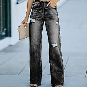 SMIDOW Return pallets pj Pants y2k Women Straight Leg Ripped Jeans Bootcut Jeans Denim Pants Floor Length Fashion Teen Girls Jeans Bottoms Relaxed Fit Black L