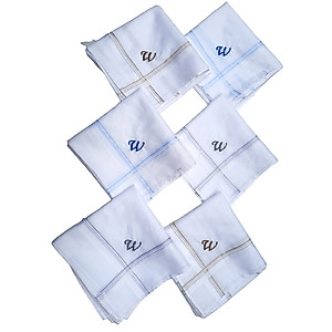 ANTONIA Personalized Handkerchief Cotton for Men with Embroidered W Initials Alphabets for Wedding, Gift, and Formal Occasions (Pack of 6) Multi Color