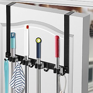 Over Door Broom and Mop Hanging Holder with Movable Sliding 4 Rack 5 Hook, Metal Mop and Broom Holder Wall Mount with 2 Over Door Hook, Door Mount Storage Organizer for Closet Garage Laundry Cabinet