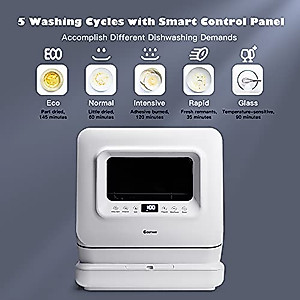 ARLIME Compact Countertop Dishwasher, Portable Dishwasher W/7.5-L Built-in Water Tank, 5-Program, 360° Dual Spray, 24H Air-Dry Function, Child Lock, Mini Dishwasher for Apartments, Dorms & RVs, White