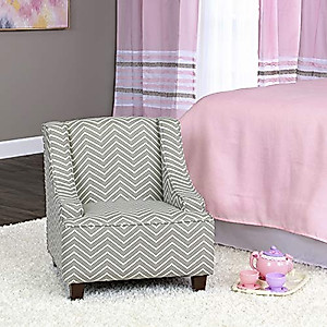 HomePop Youth Upholstered Swoop Arm Accent Chair, Grey and White Chevron