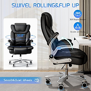 GYI Big and Tall Office Chair 400lb Wide Seat, High Back Leather Executive Office Chair with Flip-up Arms, Ergonomic Computer Desk Chairs for Home Office, Black