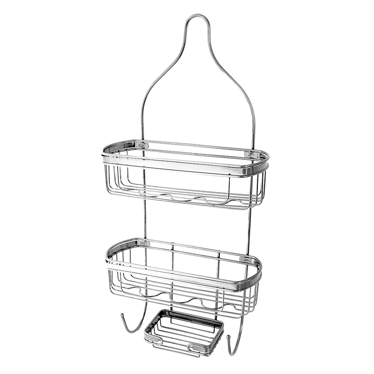 Splash Home Bathroom Shower Door or Hanging From Shower Head Caddy With Two Basket Organizers Plus a Soap Dish For Storage Shelves For Shampoo, Conditioner and Soap – Silver Chrome