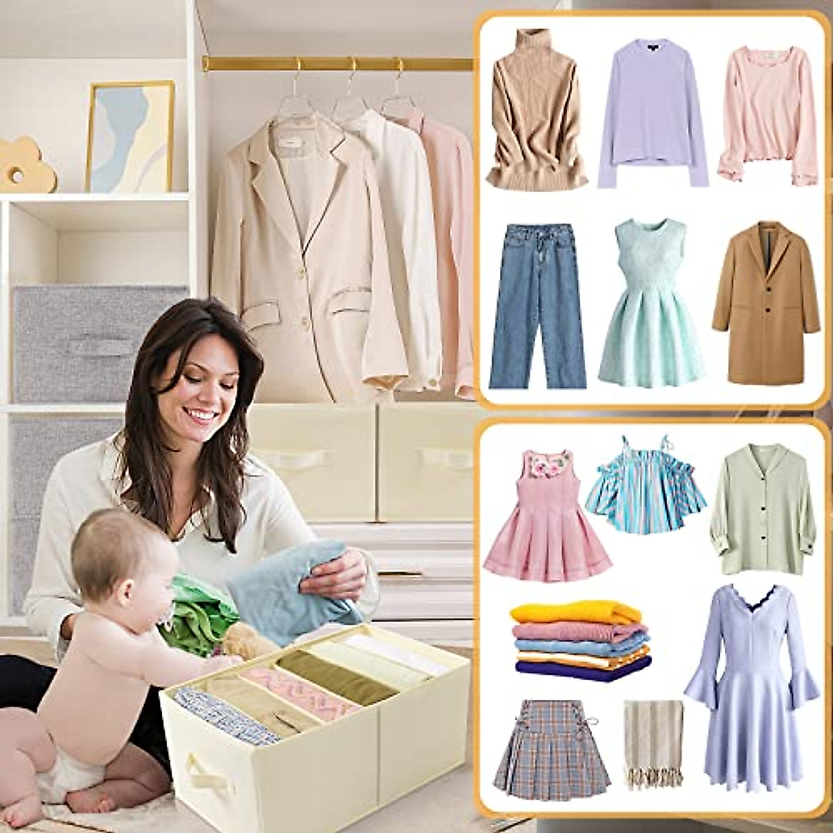 Wardrobe Clothes Organizer, Wardrobe Clothes Organizer with Sturdy Handles, Foldable, Fits Pants, Jeans, Sweaters, T-Shirts, Light Coats, Dresses, Stackable Wardrobe Drawer Organizer (Beige 4 PCS)