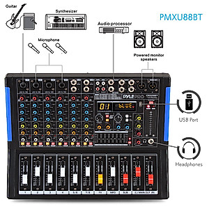 PYLE 8-Channel Bluetooth Studio Audio Mixer - DJ Sound Controller Interface w/ USB Drive for PC Recording Input, XLR Microphone Jack, 48V Power, RCA Input/Output for Professional & Beginners