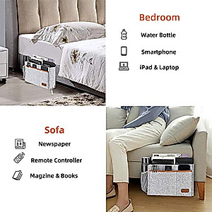 Bedside Caddy, Felt Bed Storage Organizer Hanging Bag Holder with 5 Pockets, Magazine Book Phone Tablet iPad Cables Remote and Water Bottle Holder for Home Dorm Bed Sofa, Light Gray