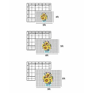 Fall Floral Thanksgiving Outdoor Rug for Patio, Large Floor Mat Sunflower Vase Grey Buffalo Plaid Non Slip Area Rug Rubber Backing Quick Dry Clearance Carpet for Camping, Garden, Deck, Porch, 5' x 8'