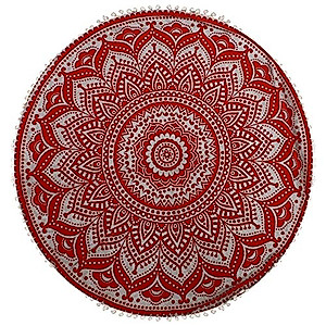 Maviss Home Floor Decor Round Mandala Pouf Cover | Floor Yoga Pillows Cover | Round Bohemian Meditation Cushion Cover | Round Pouf Cover | 32 Inch 80 cm Approx; Red Silver