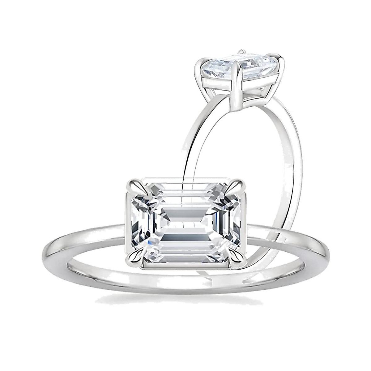 2 CT Emerald Cut VVS1 Colorless Moissanite Engagement Ring Wedding Bridal East West Set for Women Moissanite Rings Gifts Anniversary Promise Her, 925 Sterling Silver