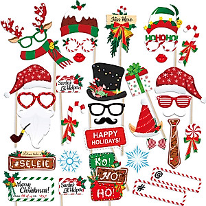 Christmas Photo Booth Props 36Pcs（Upgraded Version）, Christmas in July Party Supplies, Merry Christmas Party Pose Sign, Red and Green Christmas Party Supplies Decorations for Kids Adults