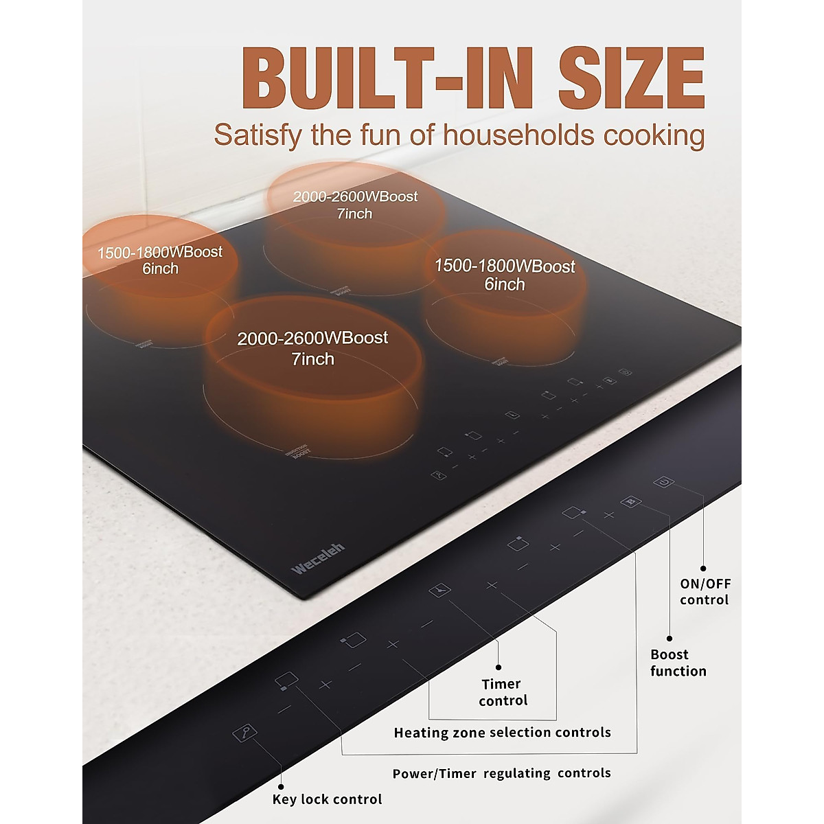 Weceleh Induction Cooktop 30 Inch with 4 Burner, Built-in Induction Stove Top 220-240V, Electric Stove Top with Boost Function, Timer & Kid Safety Lock, 9 Power Levels,7000W,(NO PLUG)