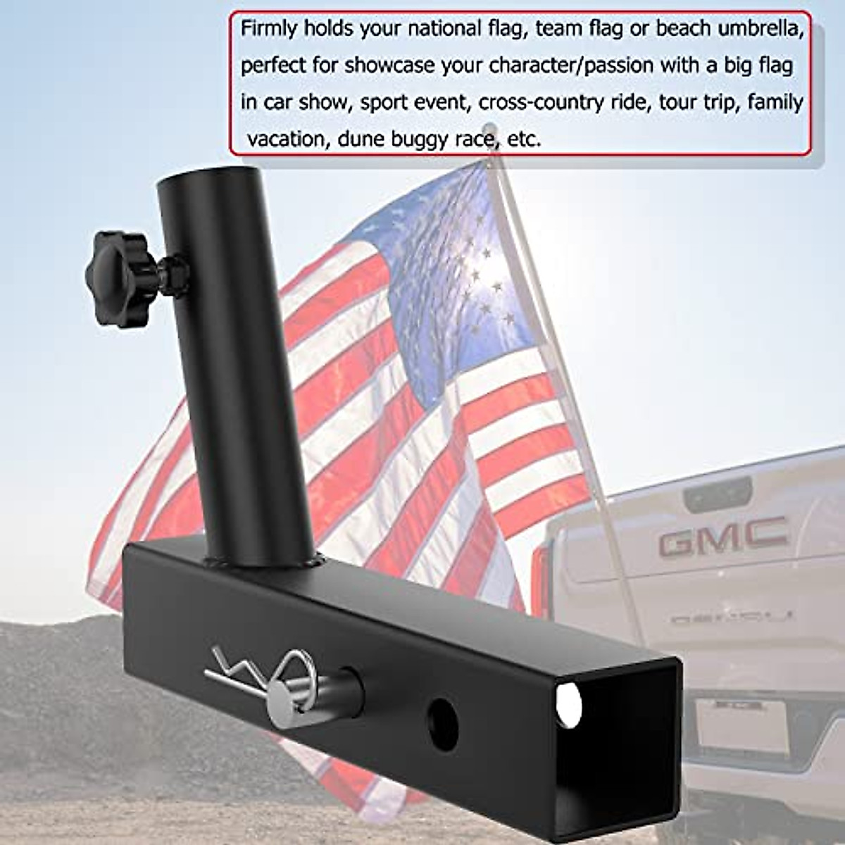 Universal 2 Inches Hitch Flag Pole Holder - Compatible with Jeep, SUV, RV, Pickup, Truck, Camper, Trailer. Anti-Wobble Screws and The Angled Holder Design